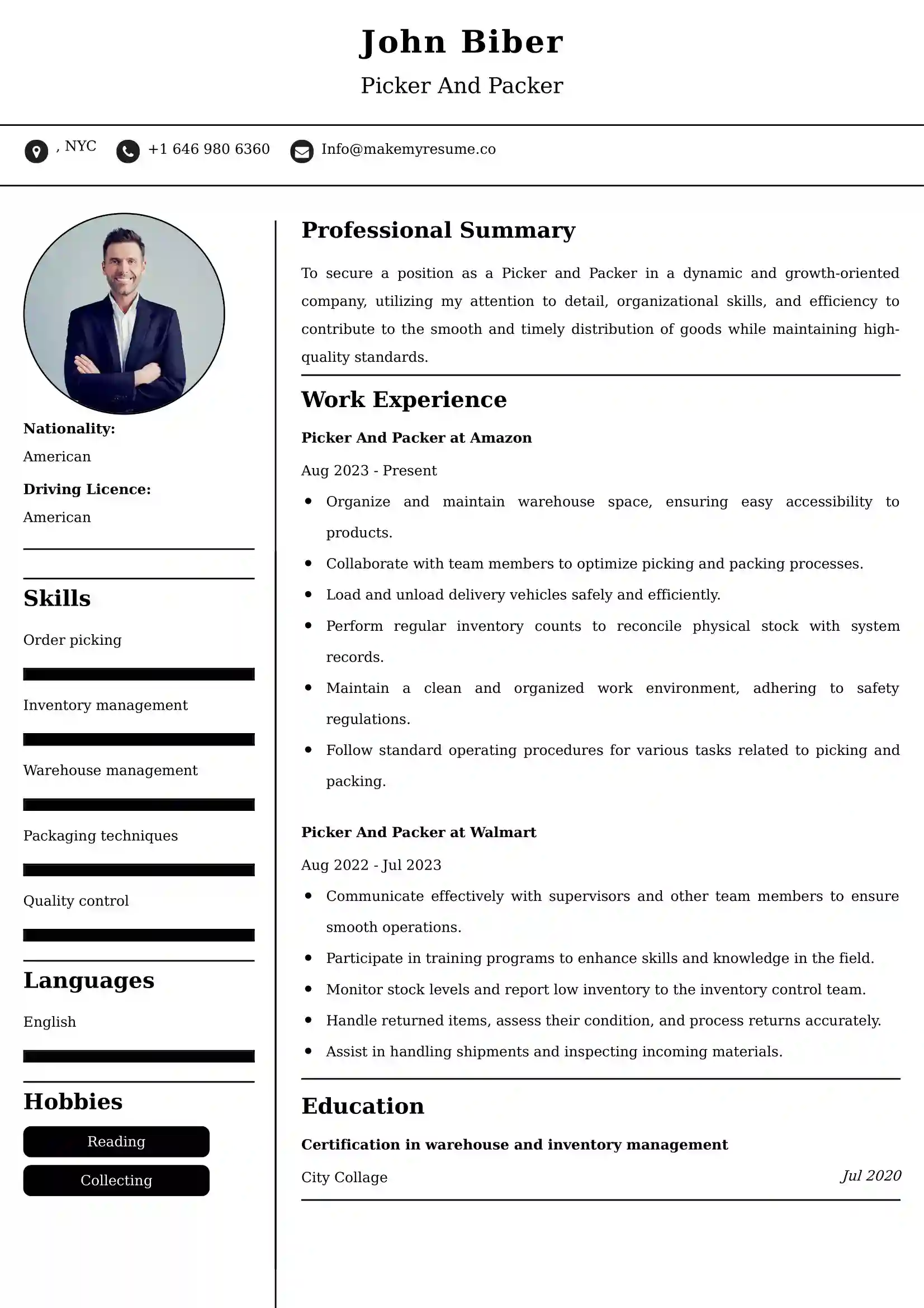 Picker And Packer Resume Examples - Russian Format, Latest Template.