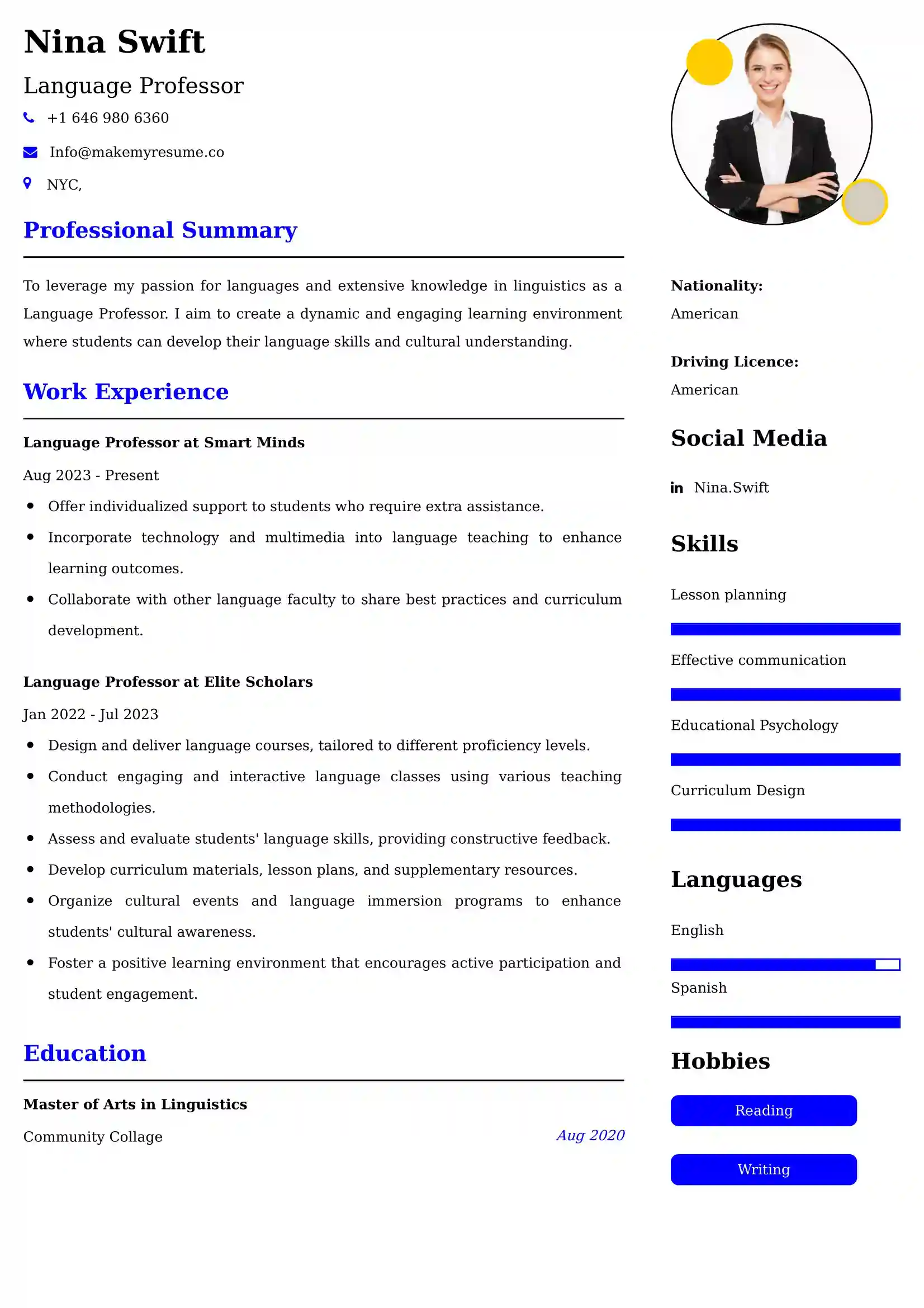 Language Professor Resume Examples - Russian Format, Latest Template.