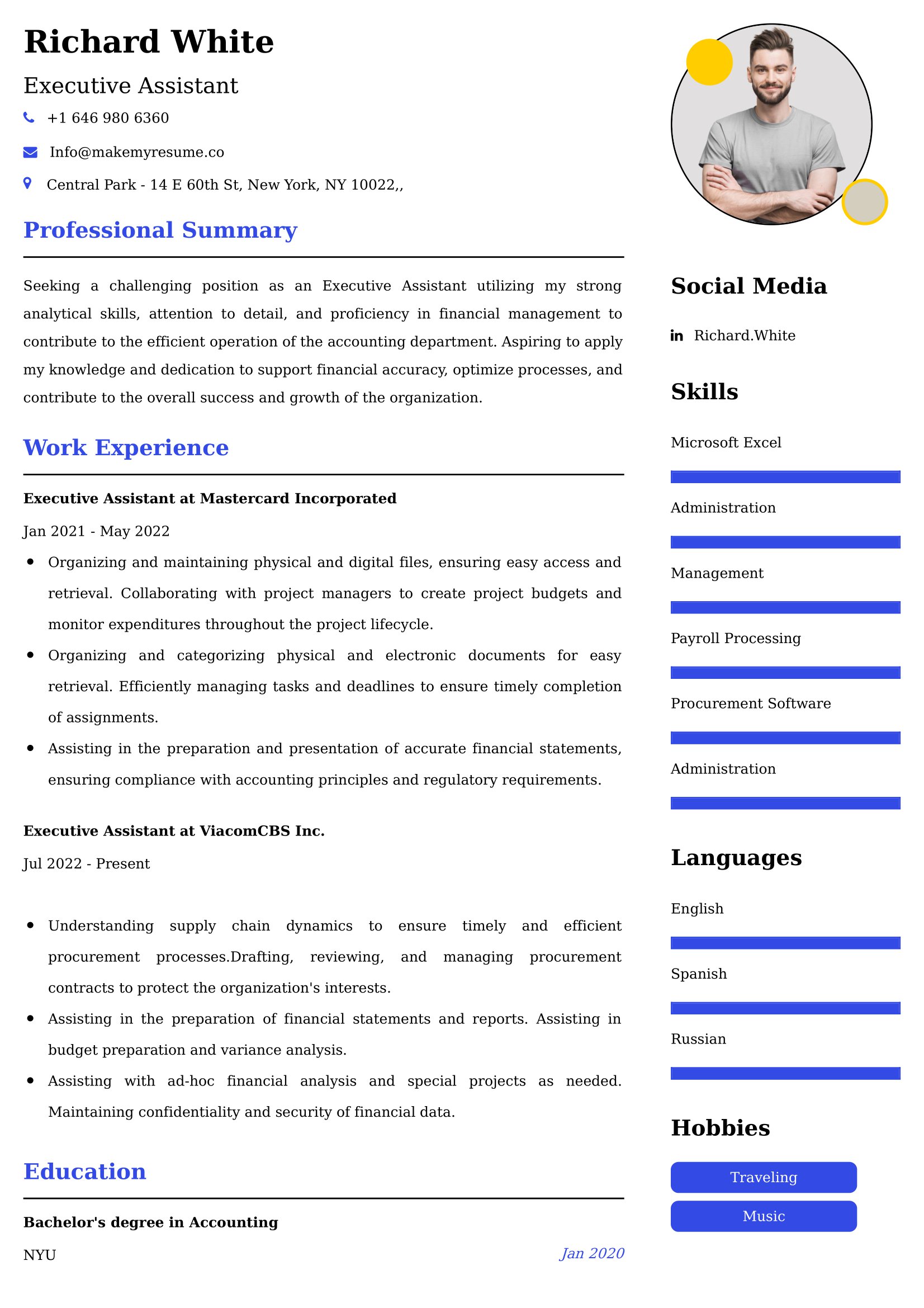 Executive Assistant Resume Examples - Russian Format, Latest Template.